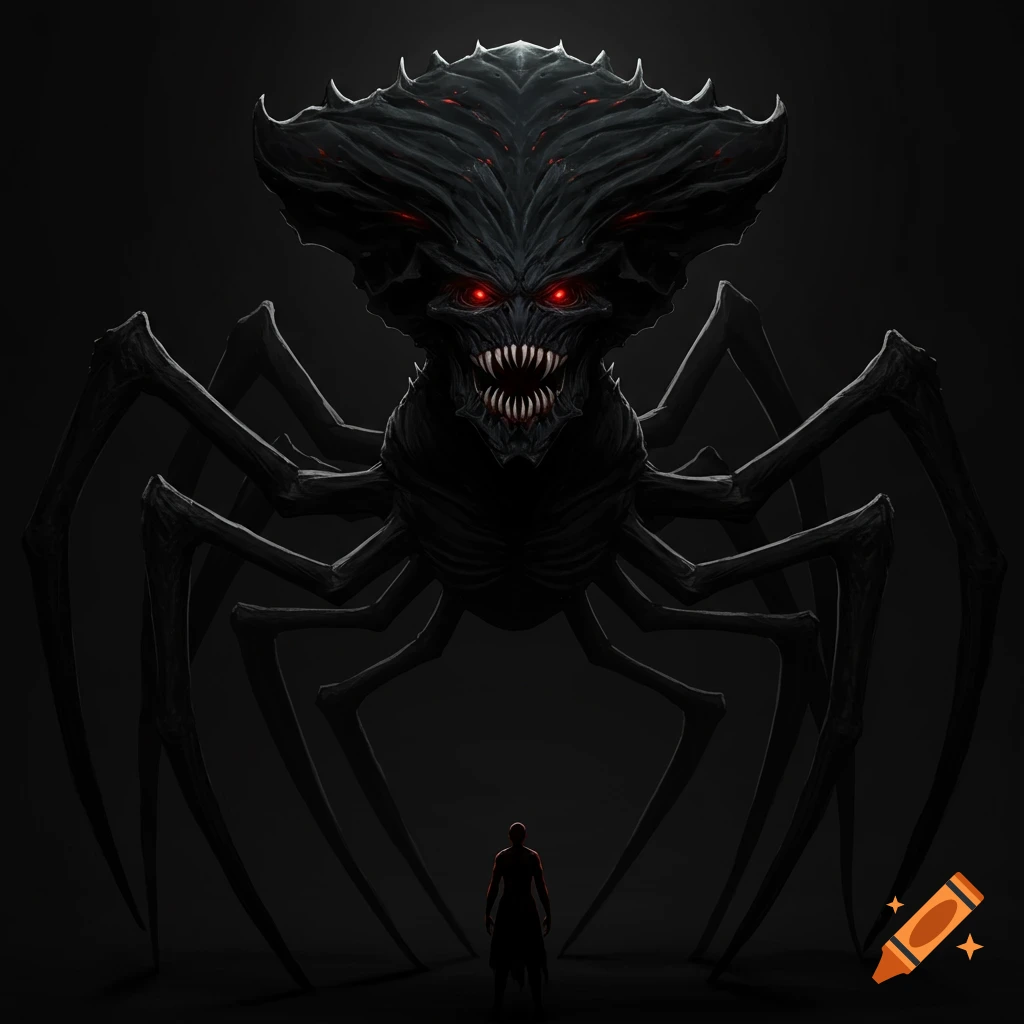 A giant dark spider-like monster with red eyes towers over a small ...