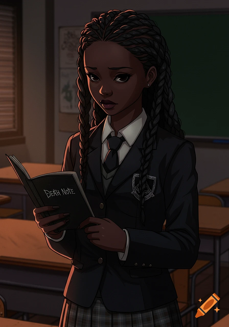 Anime illustration of a black girl in a school uniform holding a book ...