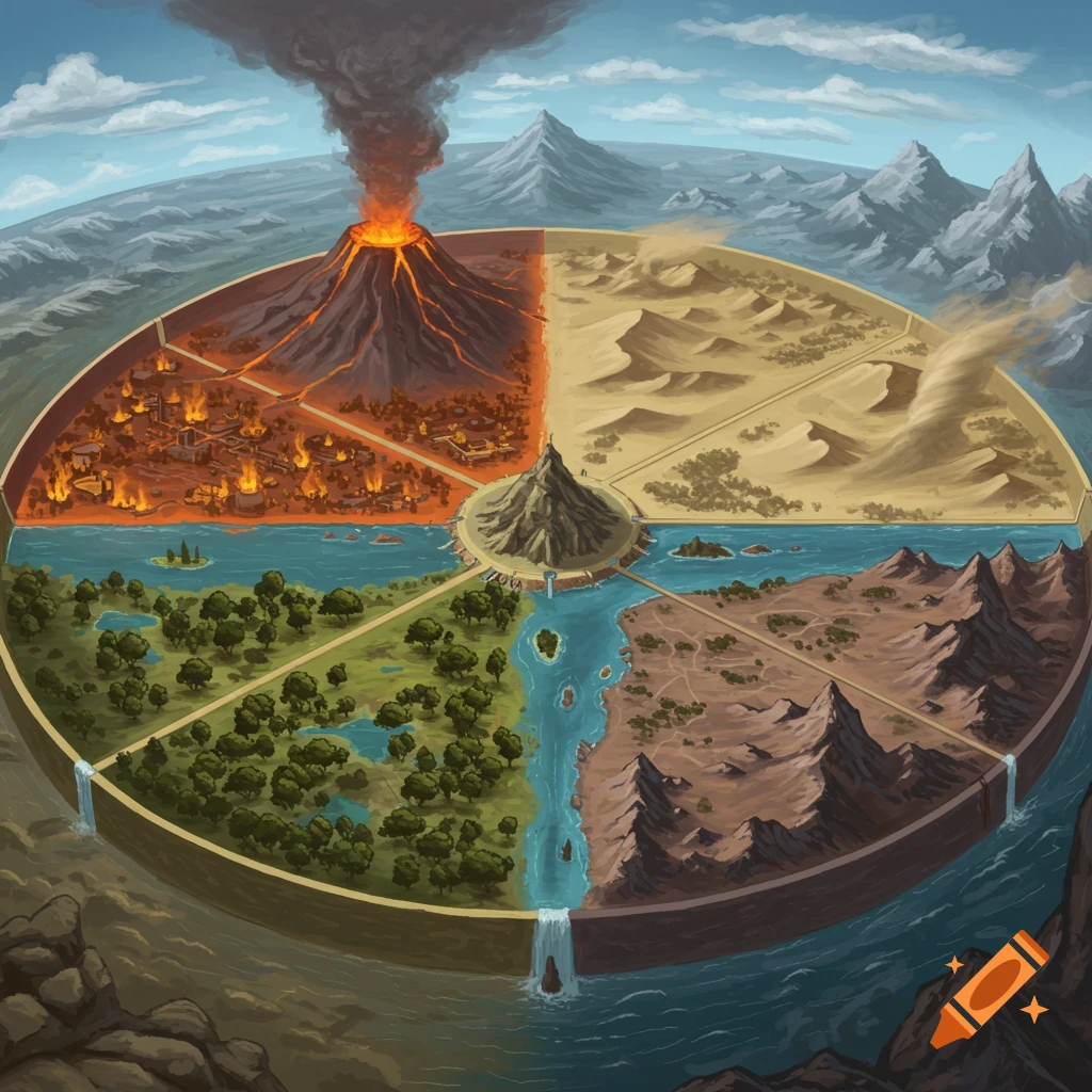 An aerial illustration of a circular arena divided into four distinct ...