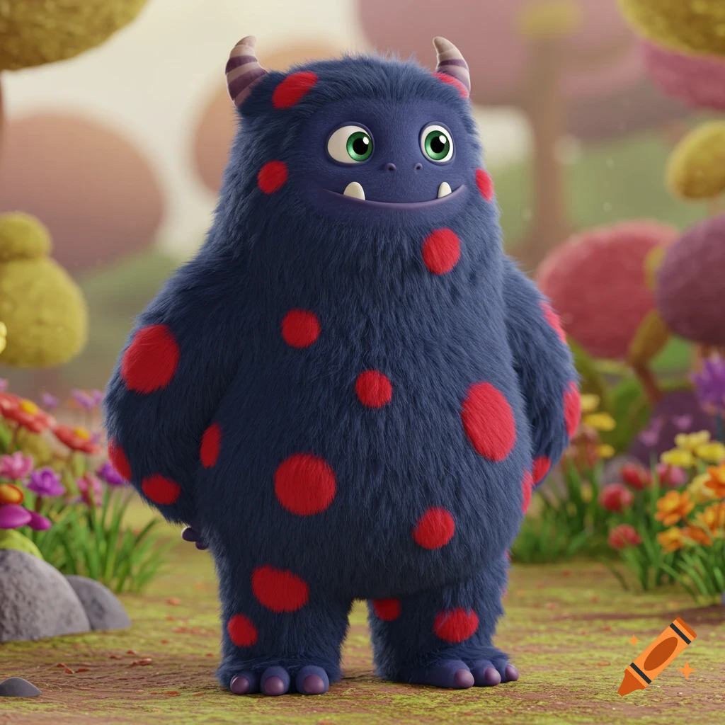 A friendly navy blue monster with red spots stands in a fantasy forest ...