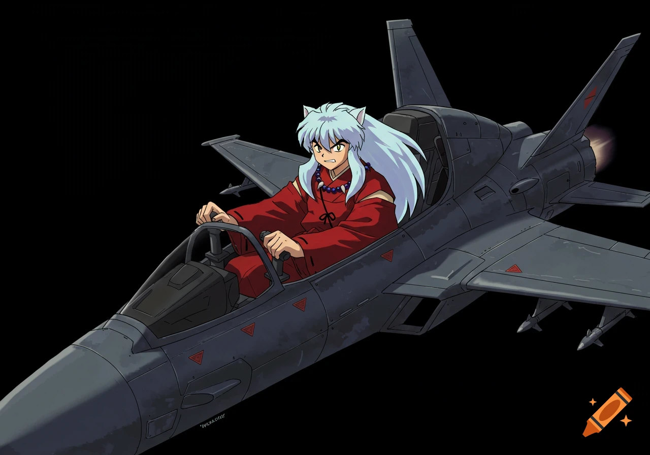 Anime character Inuyasha piloting a grey fighter jet on Craiyon