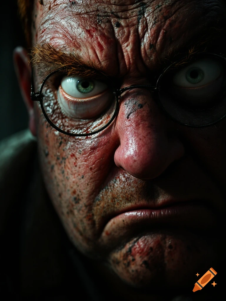 Extreme close-up portrait of a stylized face with glasses, gritty skin ...