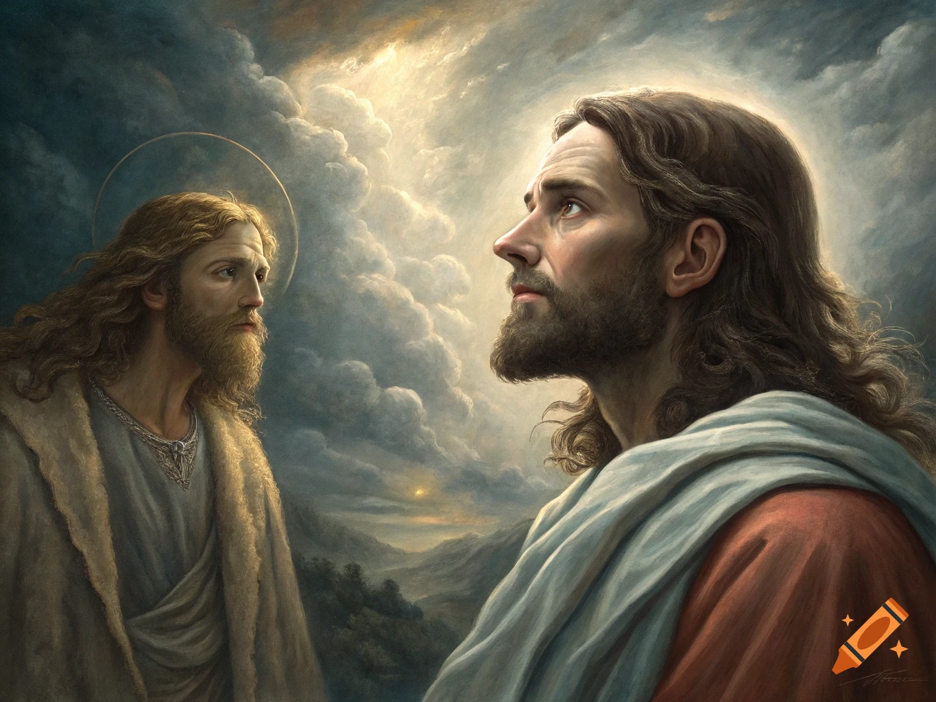 Two figures resembling Jesus Christ look up at a dramatic, cloudy sky ...