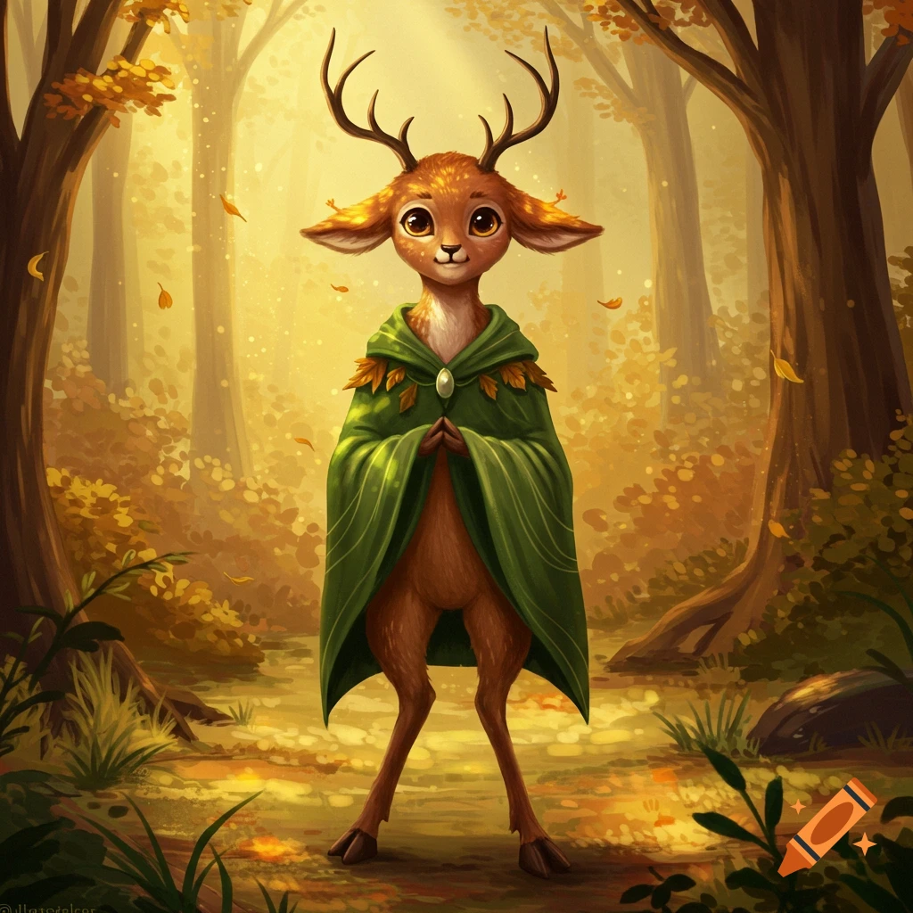 A cute deer-like fantasy creature in a green cape stands in a sunny ...