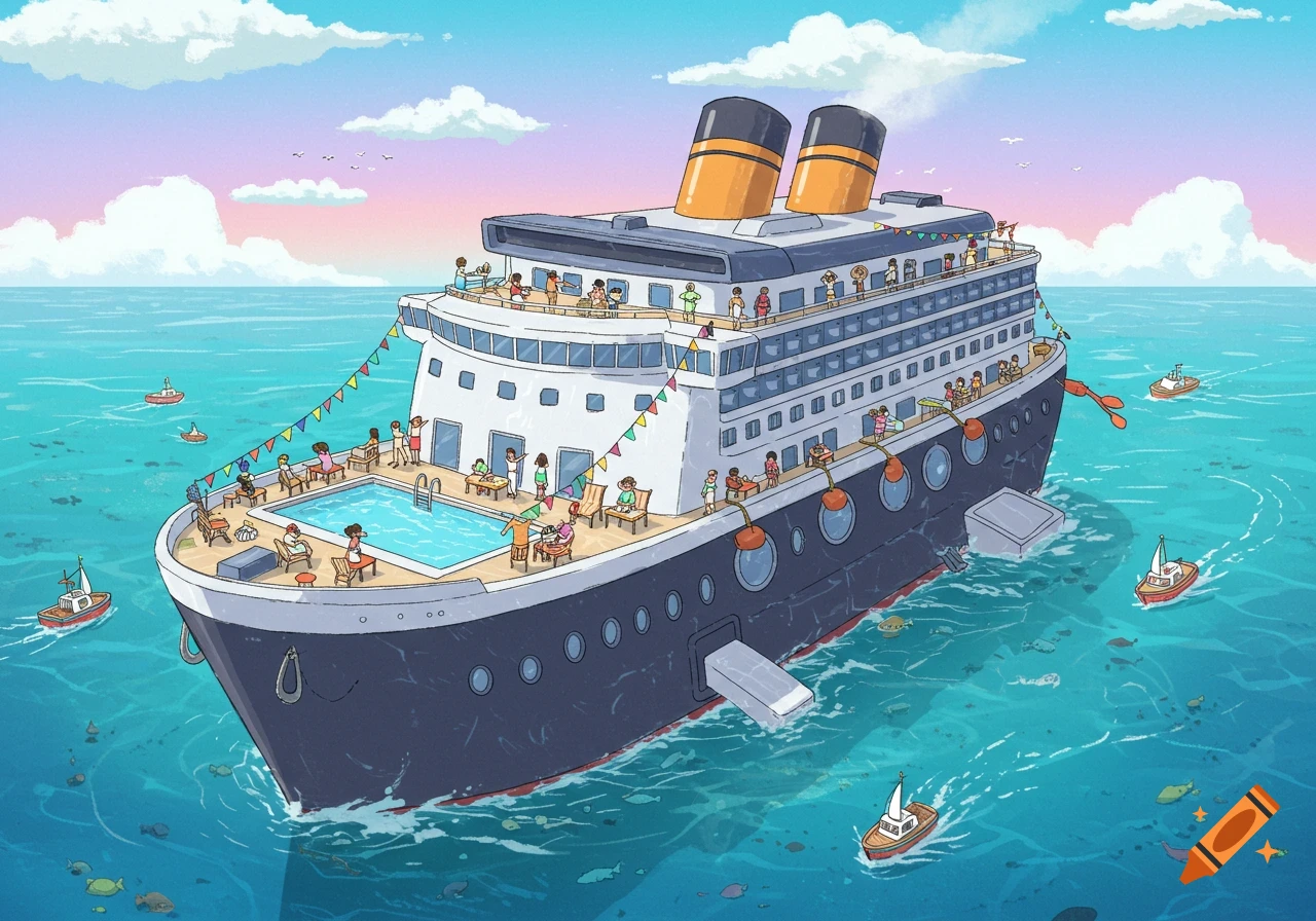 A cartoon illustration of a large cruise ship on the ocean surrounded ...