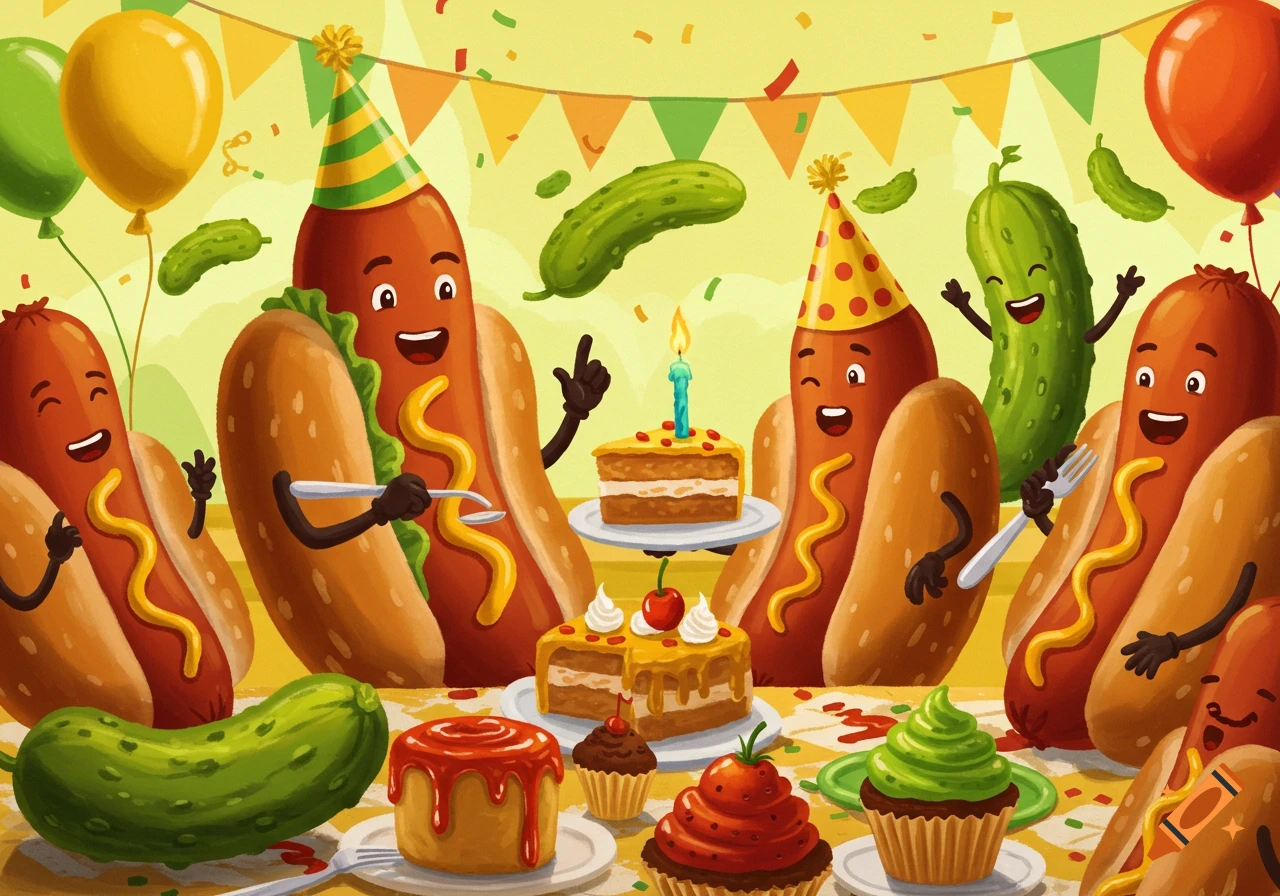 A cartoon illustration of hotdogs and pickles celebrating a birthday ...