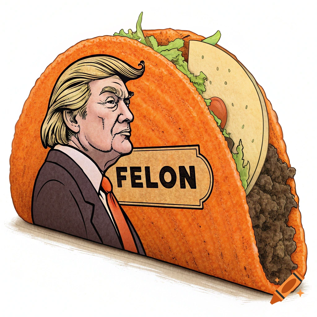 Cartoon illustration of Donald Trump's face on an orange taco with the ...