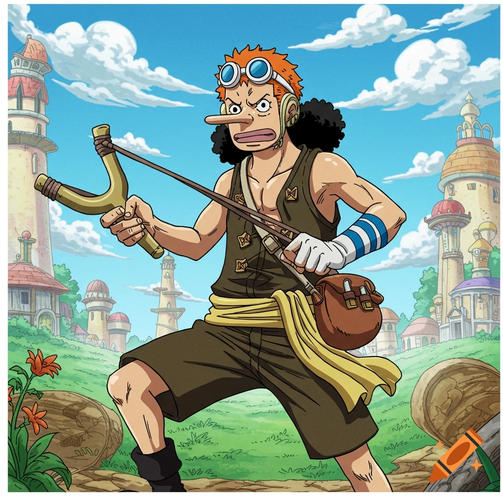 Usopp from One Piece holding a slingshot in a landscape with fantasy ...
