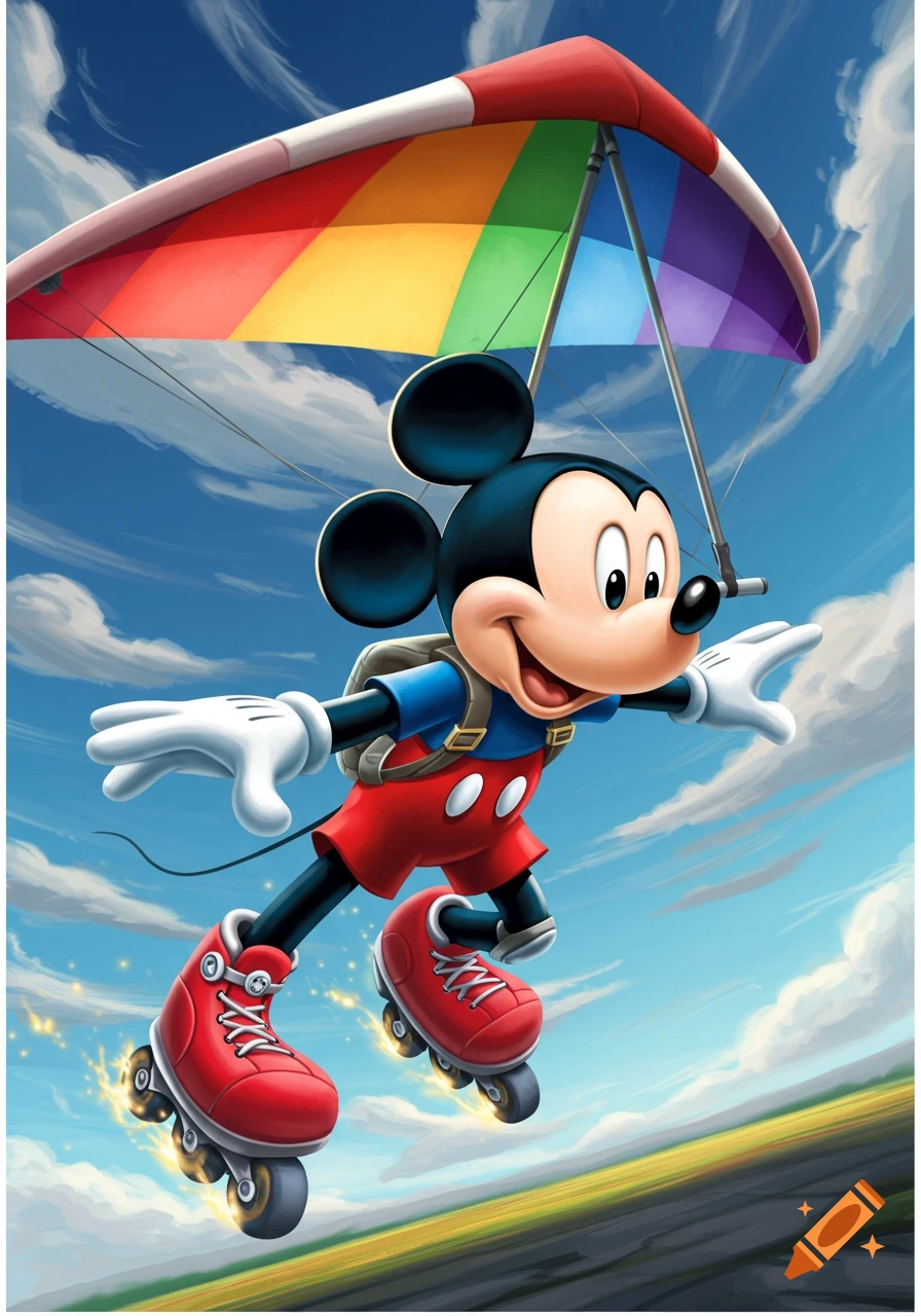 Mickey Mouse hang gliding with roller skates in a cartoon style on Craiyon