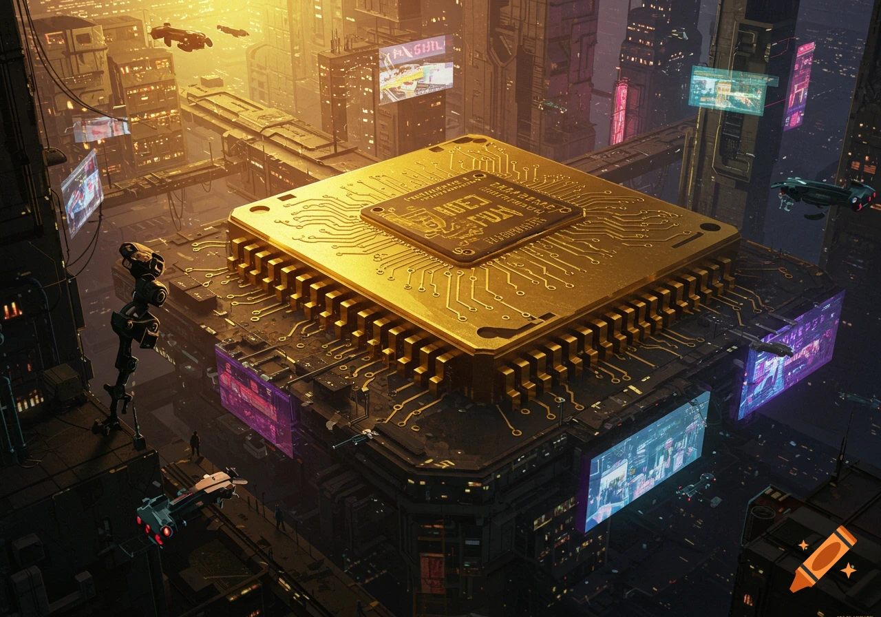 A cyberpunk city skyline dominated by a giant golden microchip, with ...