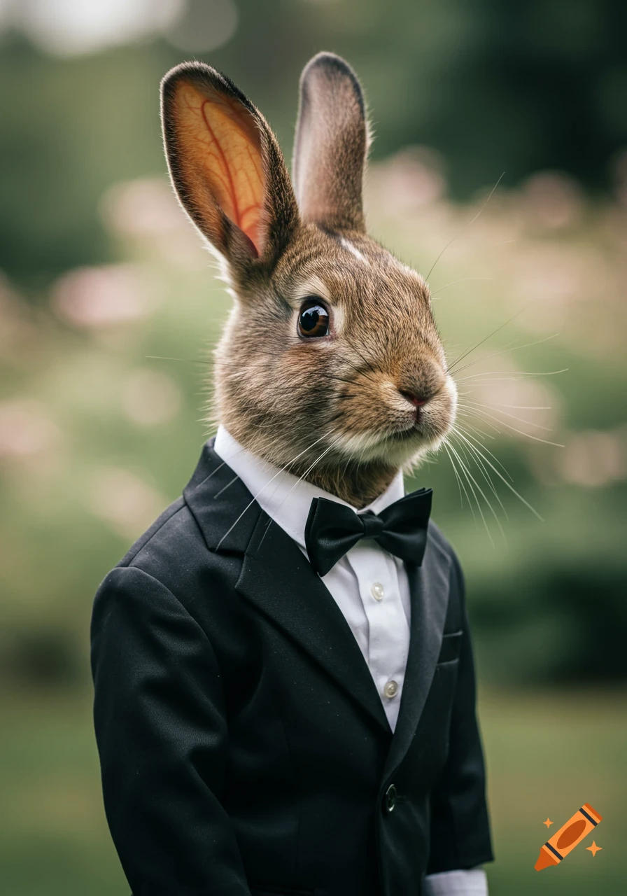 A brown rabbit wearing a black tuxedo and bow tie stands outdoors. on ...