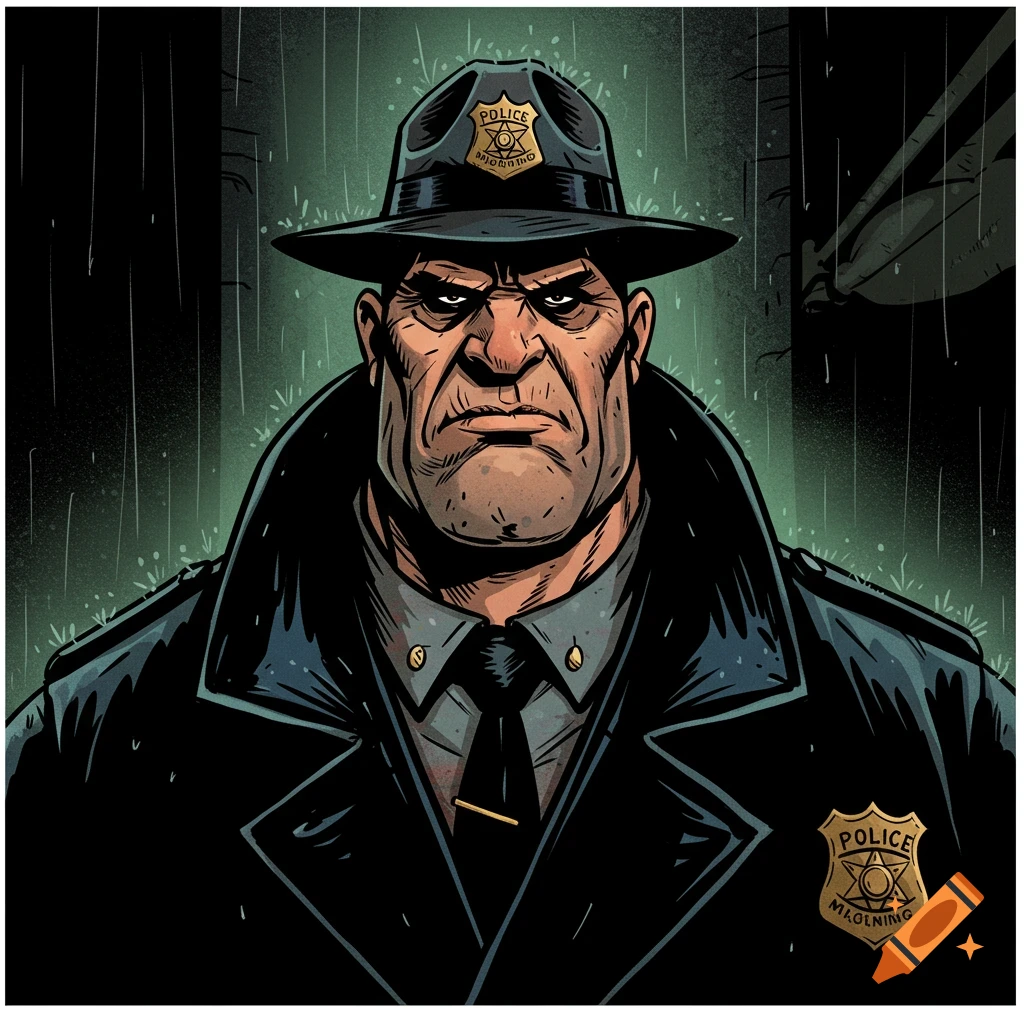 Grim police officer in a hat and coat stands in the rain, comic book ...
