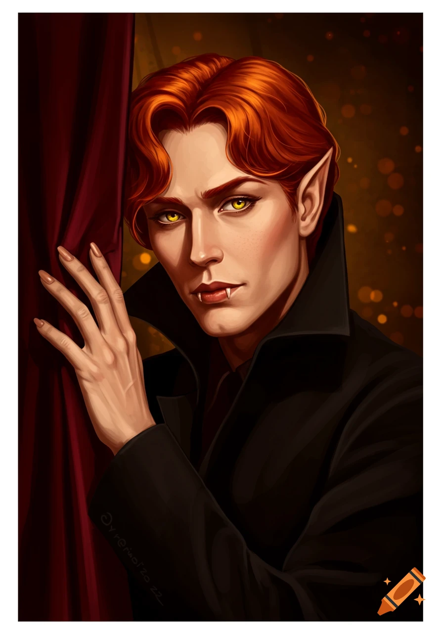 Portrait of a red-haired vampire with gold eyes and fangs. on Craiyon
