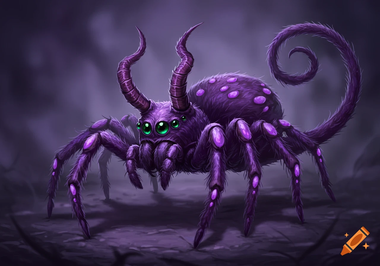 A purple monster spider with horns and a curly tail, illustration. on ...
