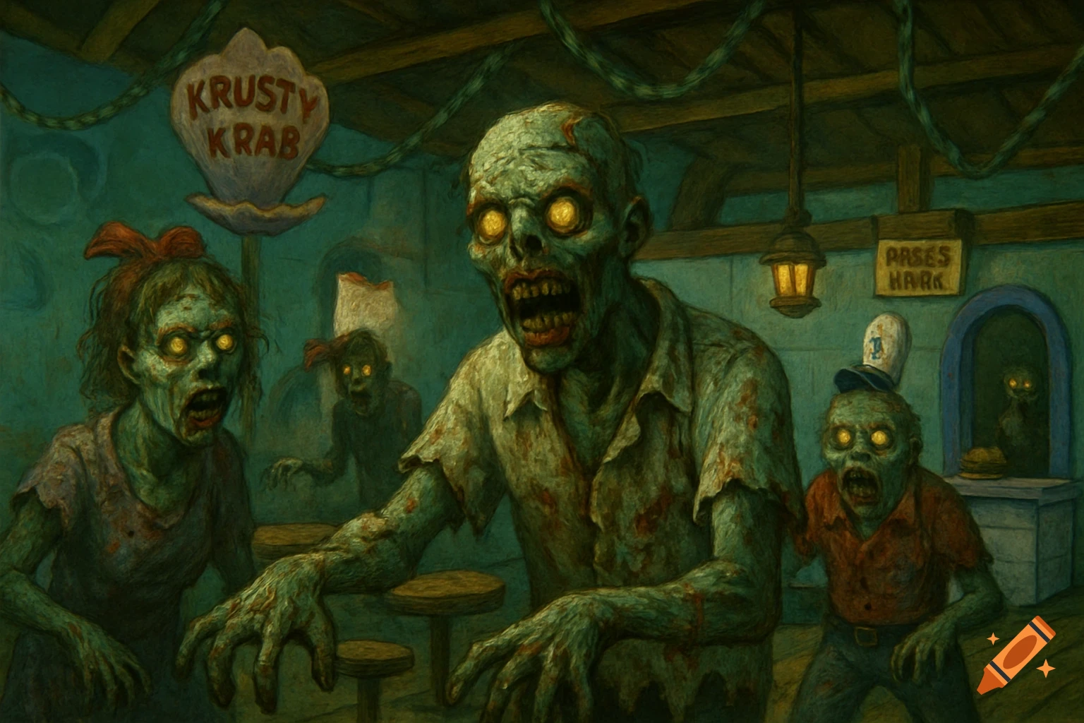 Painting of several zombies inside the Krusty Krab restaurant on Craiyon
