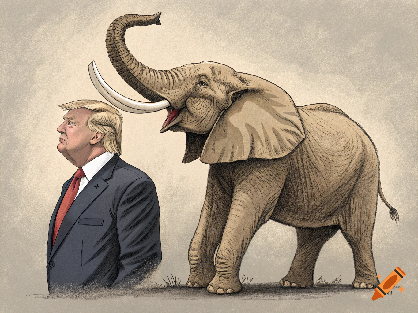 Illustration of Donald Trump standing next to an elephant. on Craiyon