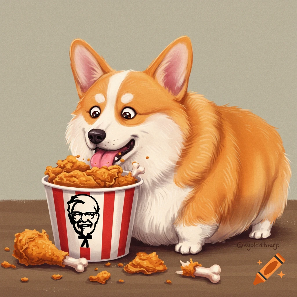 A cartoon corgi dog happily eating fried chicken from a KFC bucket. on ...