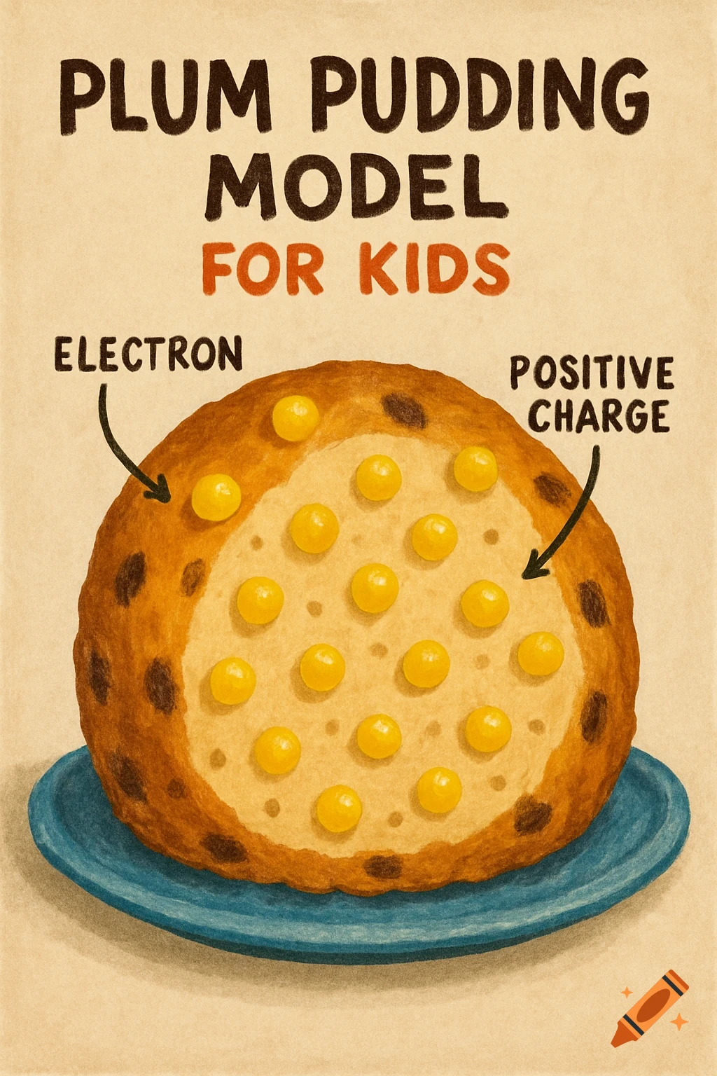 Illustration of the plum pudding model of an atom as a pudding labeled ...