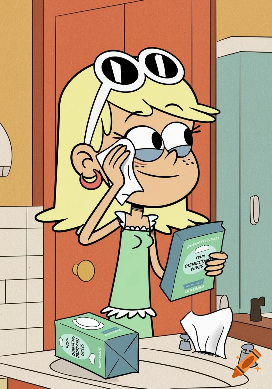 Leni Loud removing makeup with disinfectant wipes in a bathroom ...