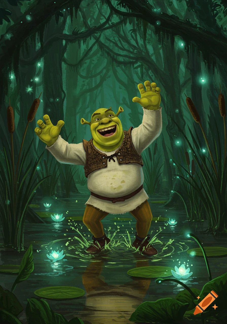 Shrek dancing and splashing in a swamp with water lilies and glowing ...