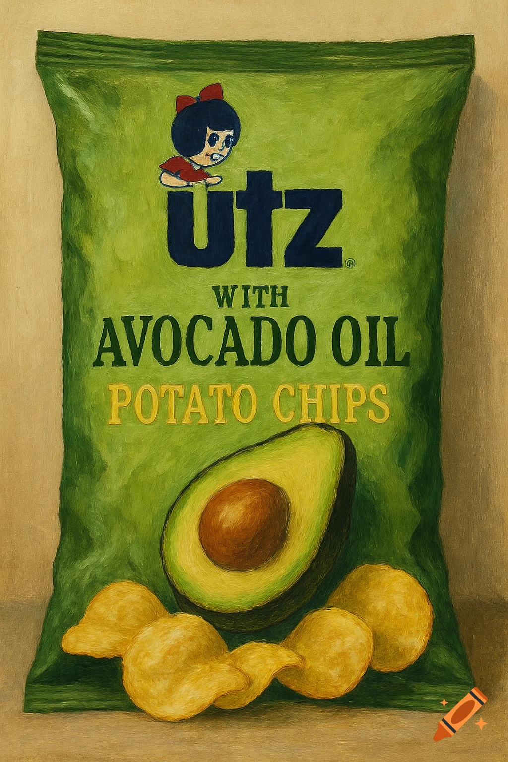 Painting of a Utz chip bag with avocado and chips on Craiyon