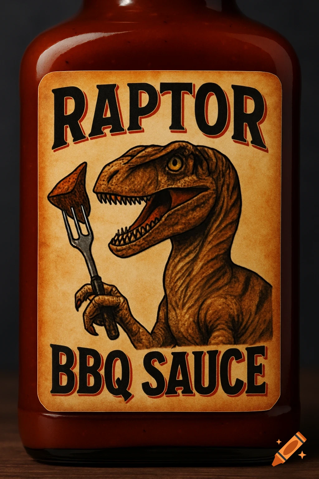 Bottle of Raptor BBQ Sauce with a label featuring a raptor holding meat ...