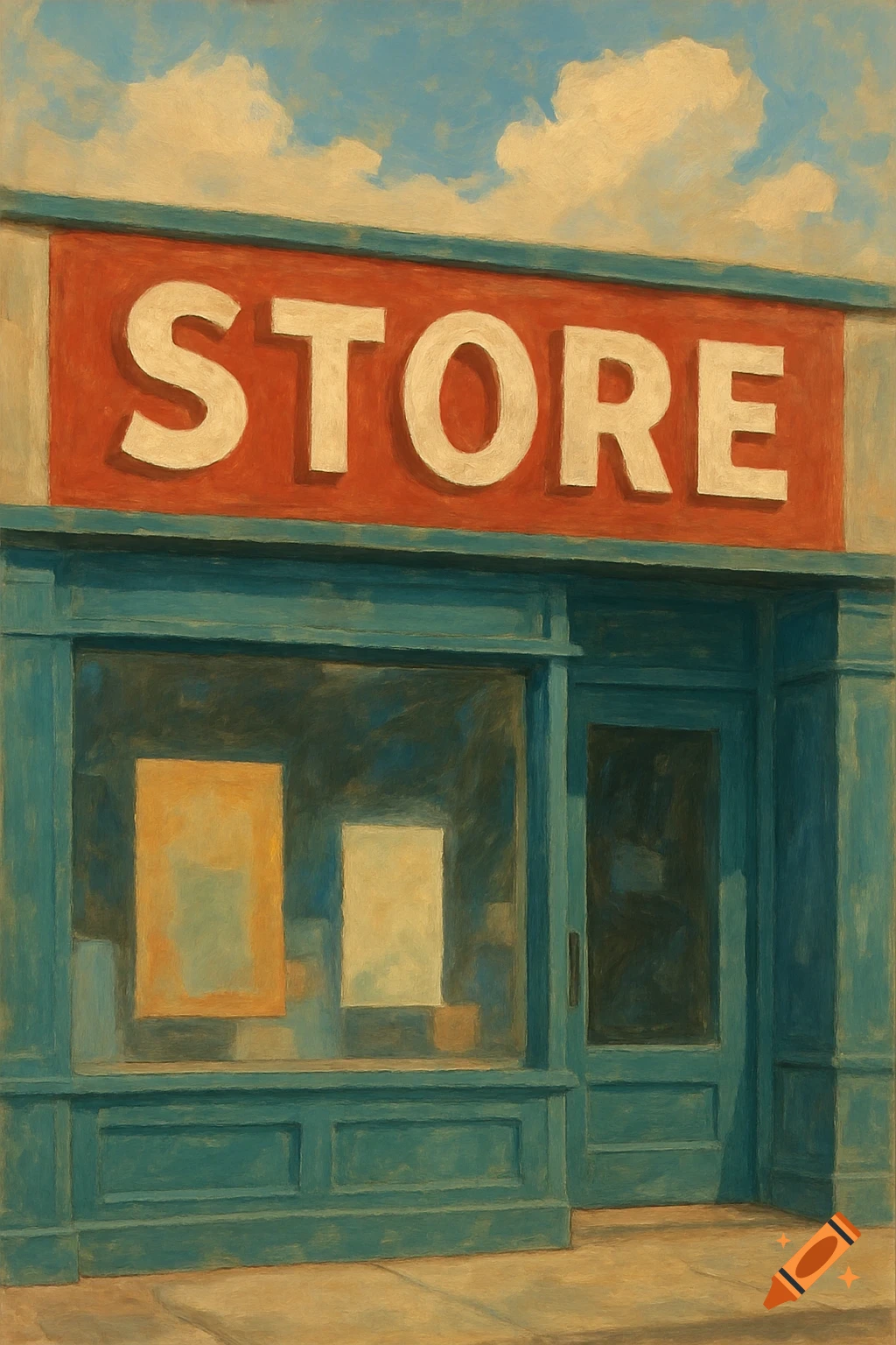 A painting of a storefront with a red sign saying STORE above blue ...
