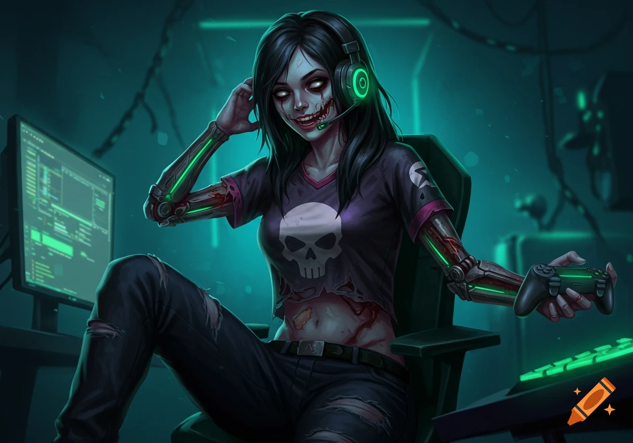 Undead gamer girl with cybernetic arms, headset, and controller at ...