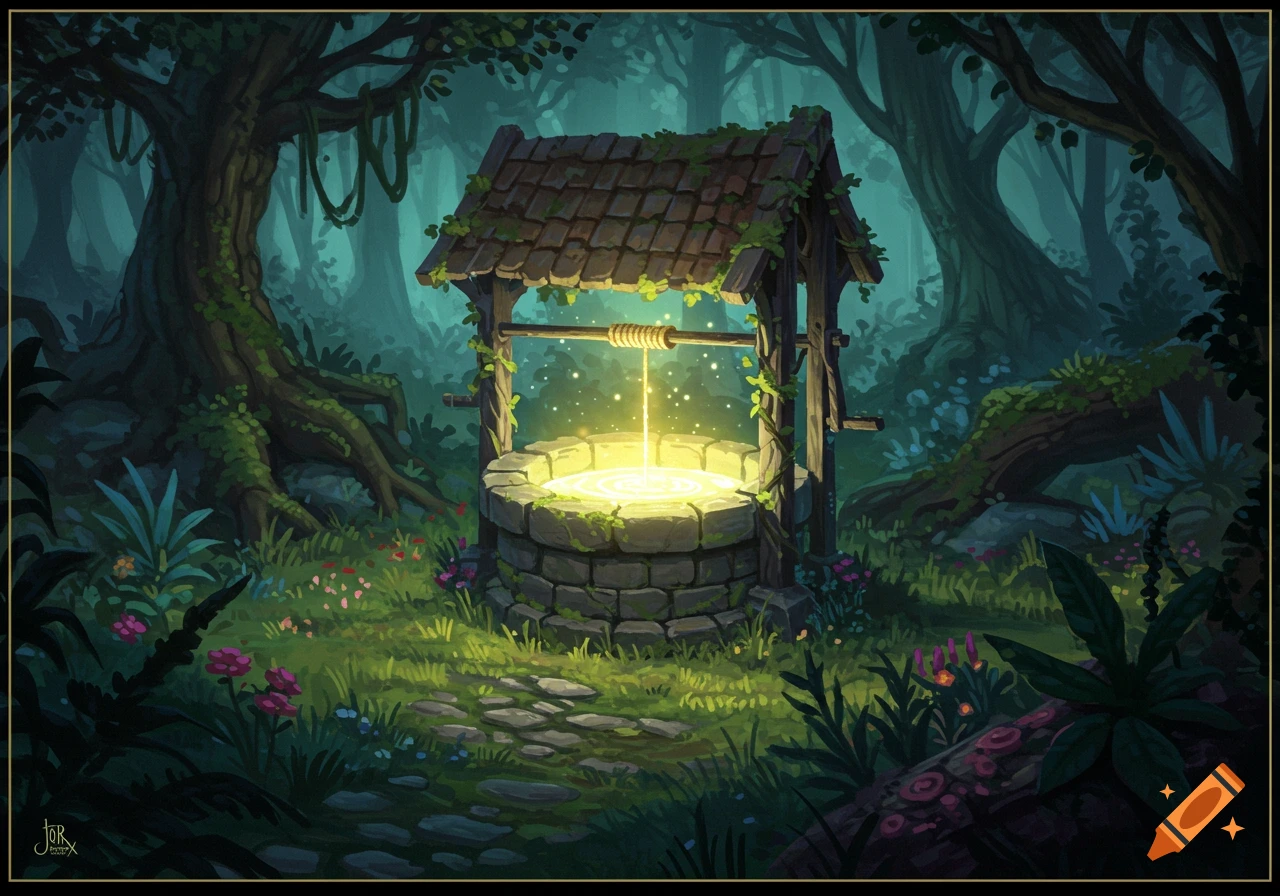 A glowing magical well in a dark forest, illustration. on Craiyon