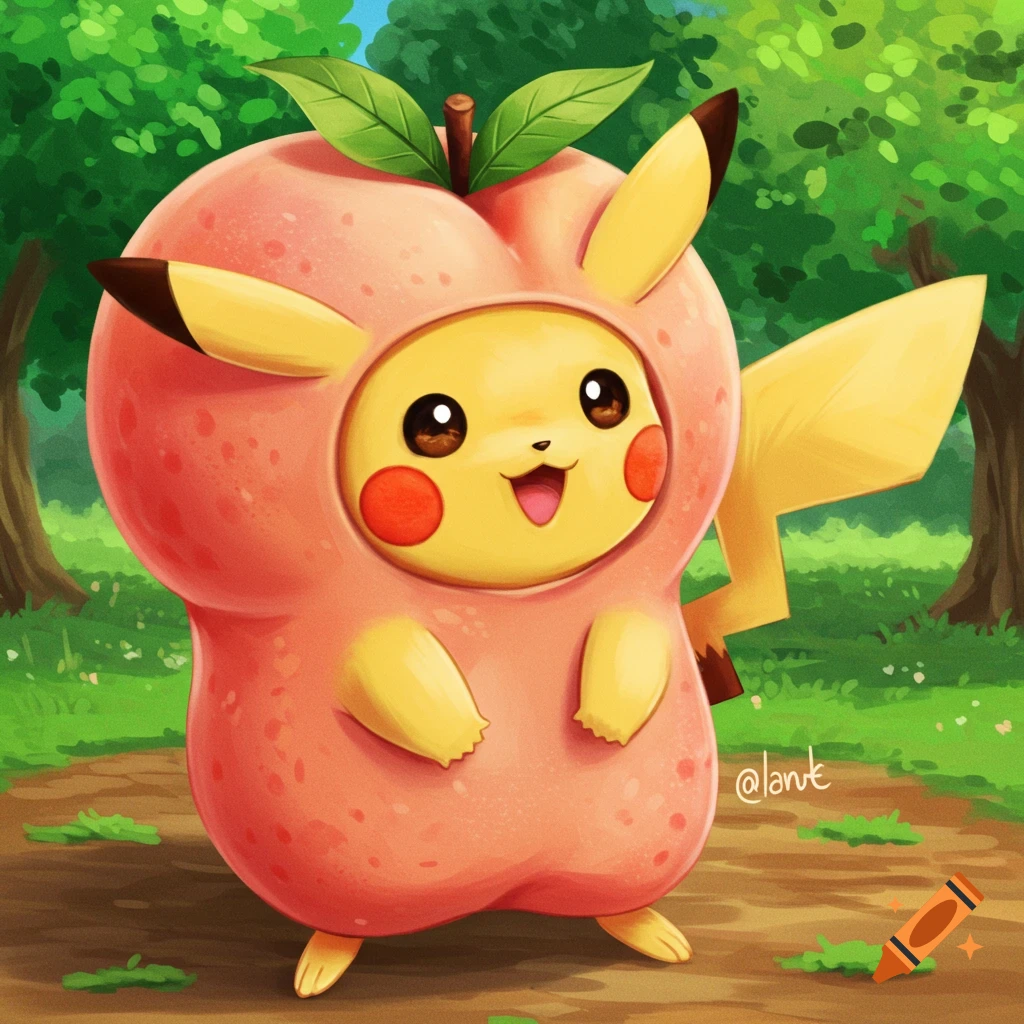 Cartoon Pikachu wearing a peach costume stands in a forest clearing. on ...