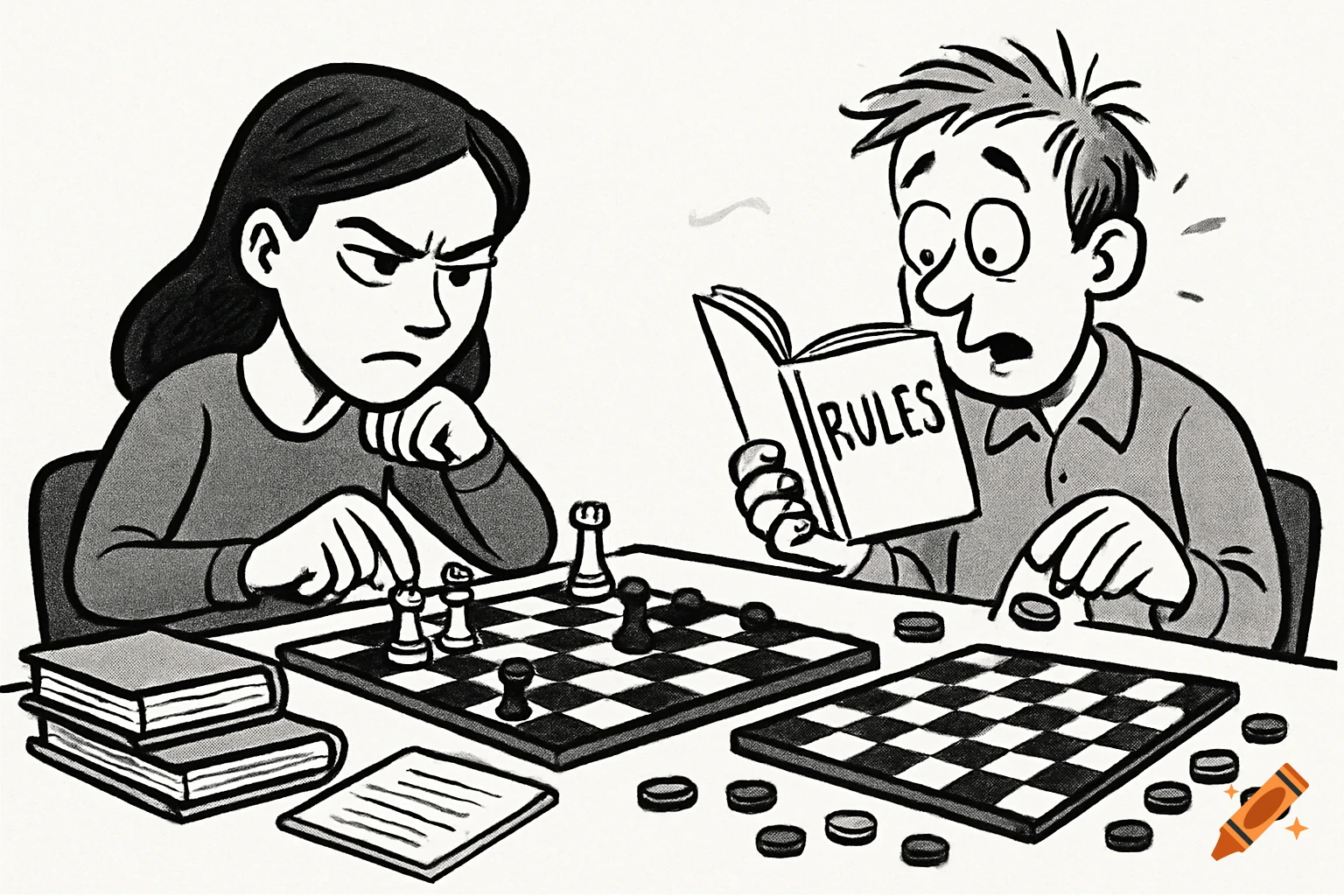 Black and white cartoon of a serious woman playing chess and a confused ...