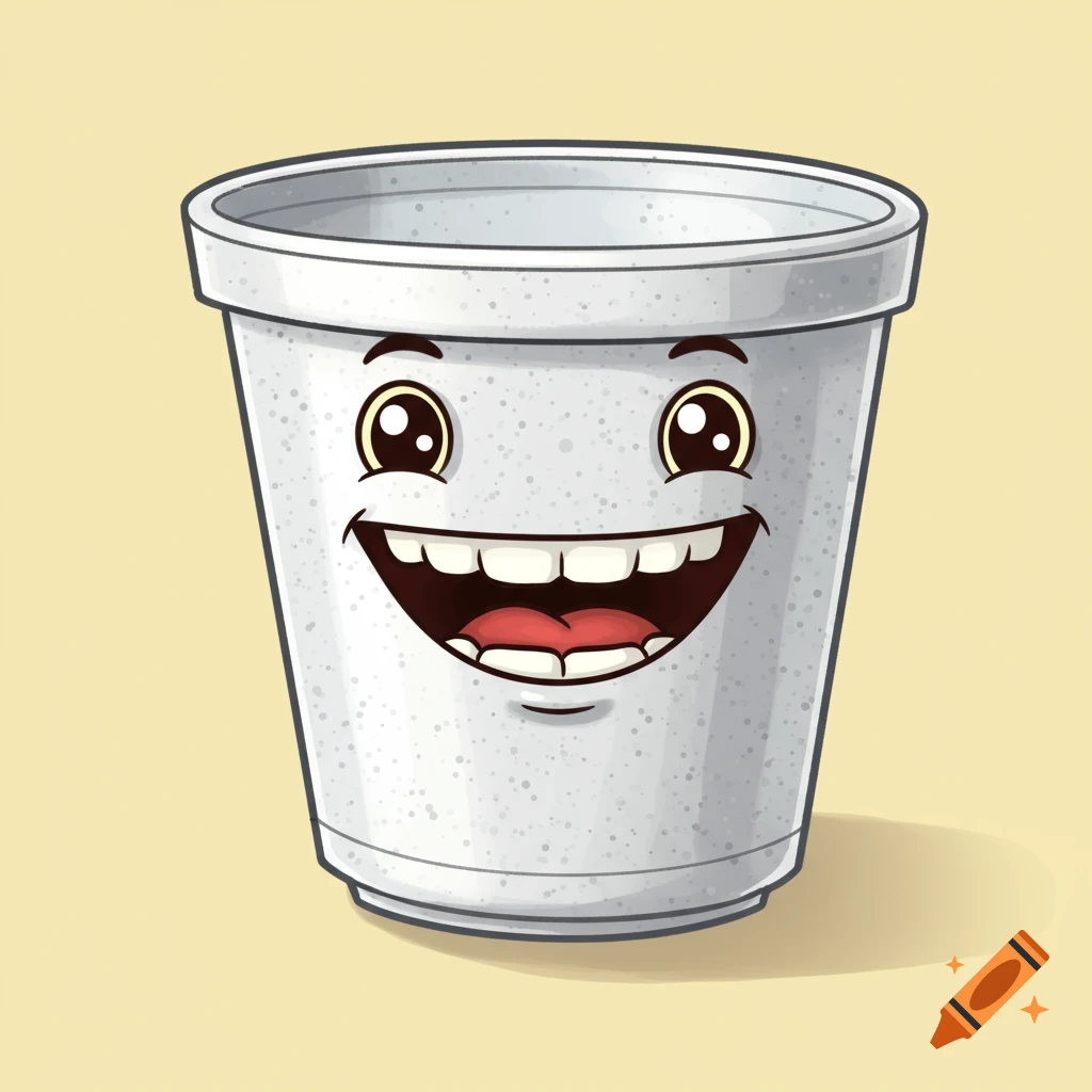 A cartoon styrofoam cup with a big, happy face. on Craiyon