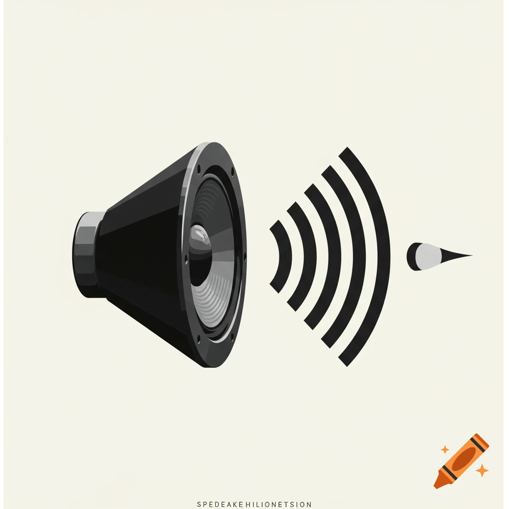 A minimalist illustration of a black speaker emitting sound waves on ...