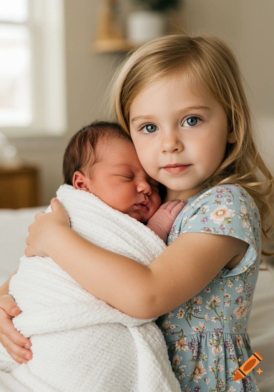 Close-up portrait of a young girl holding a swaddled newborn baby in a photorealistic style. on ...