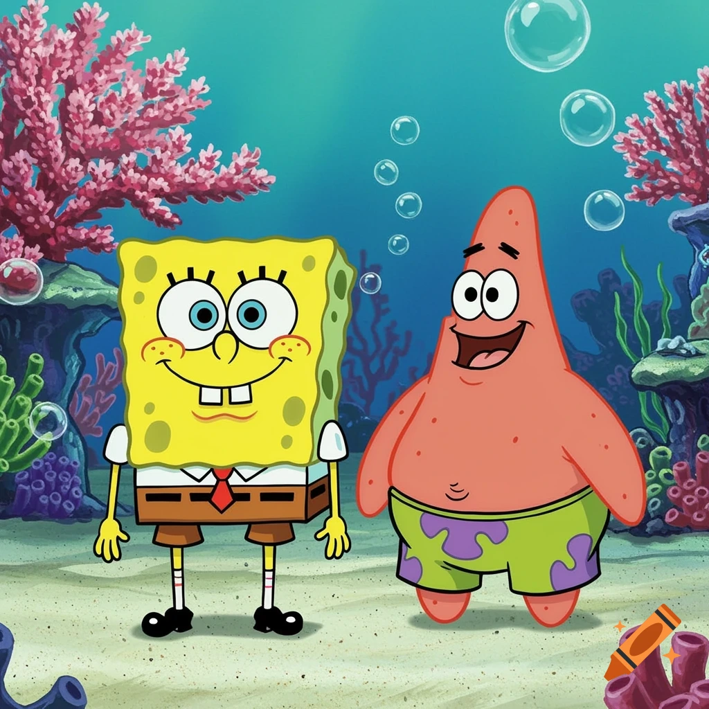 SpongeBob and Patrick stand together in the sea on Craiyon