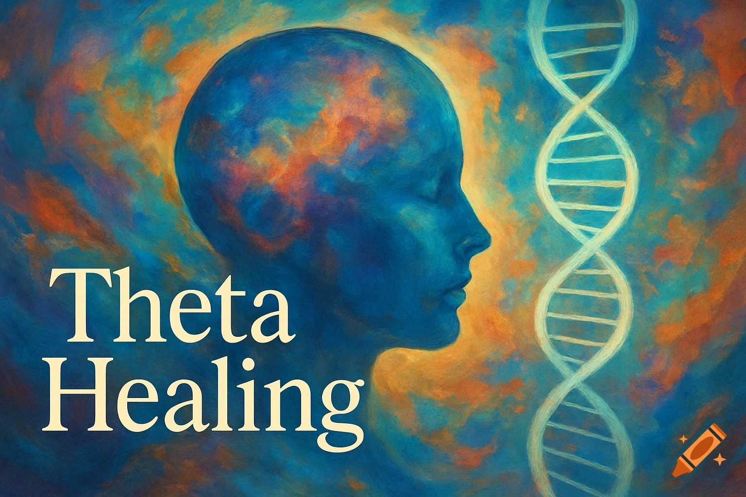 Ethereal painting of a stylized human head silhouette, DNA helix, and ...