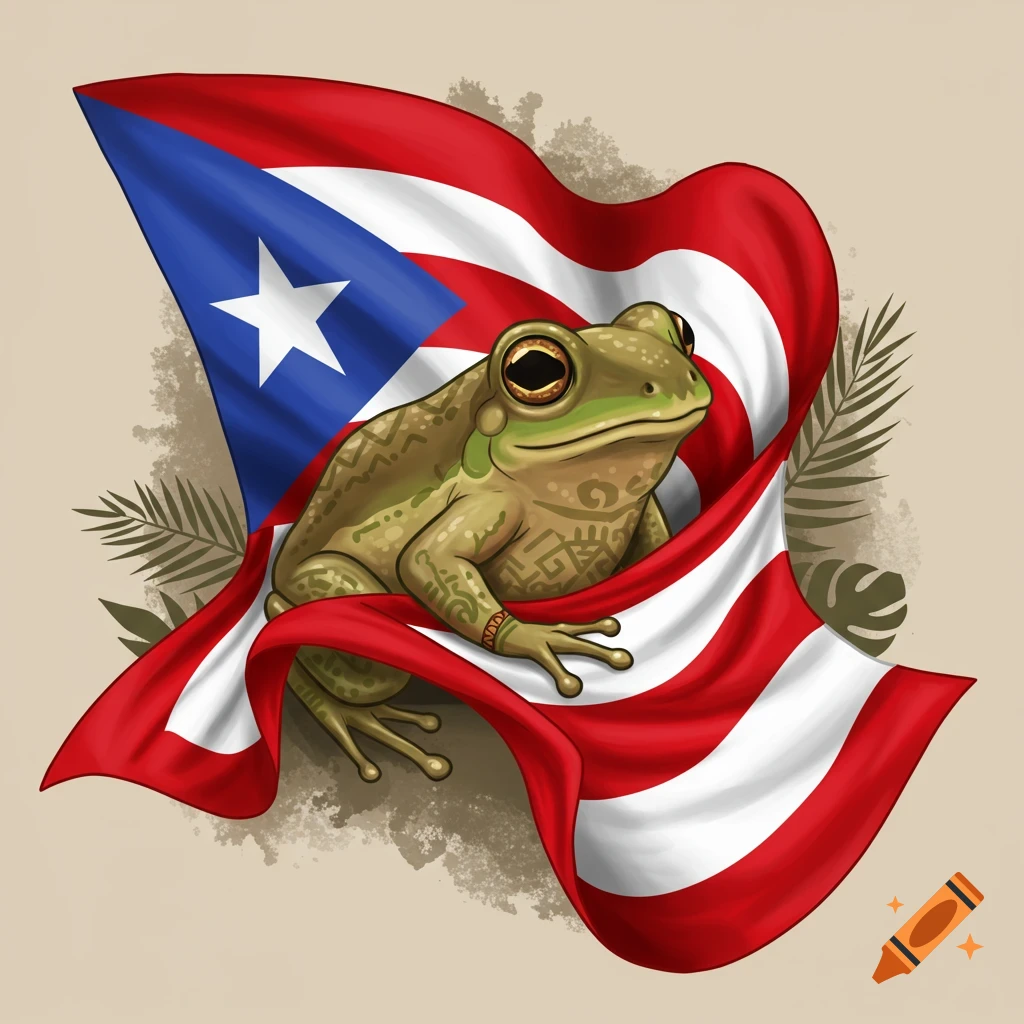 A frog with tribal patterns wrapped in a Puerto Rican flag on Craiyon