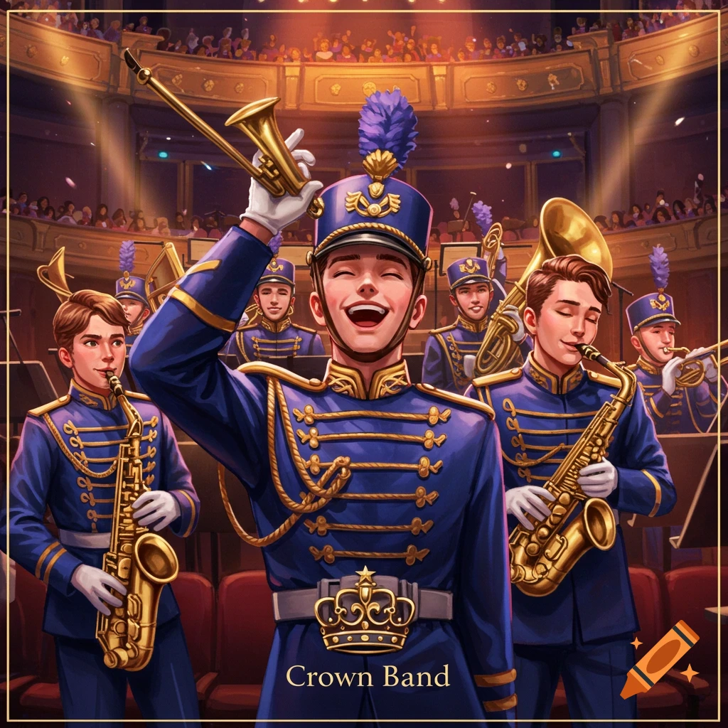 A marching band in blue and gold uniforms performs on stage for an ...