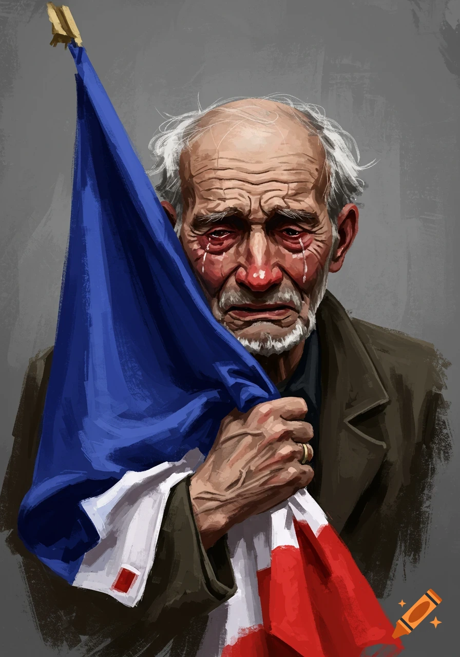 A crying old man in a painterly style holds a French flag. on Craiyon
