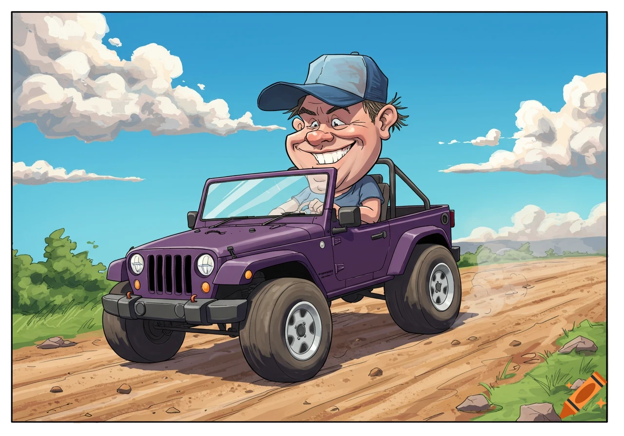 Cartoon caricature of a man driving a purple jeep on a dirt road under ...