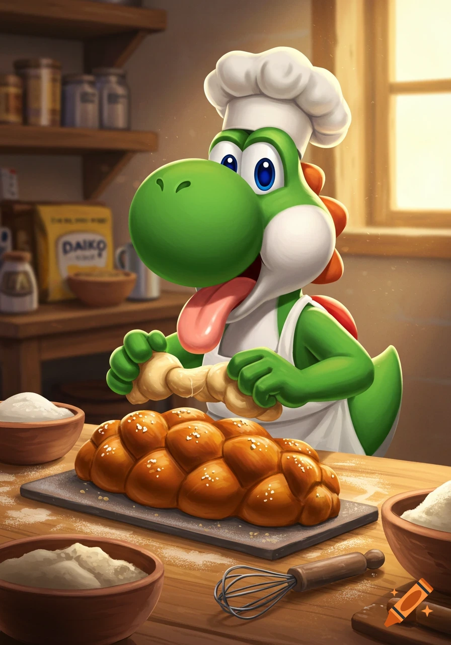Yoshi in a chef hat and apron kneading dough while making challah bread ...
