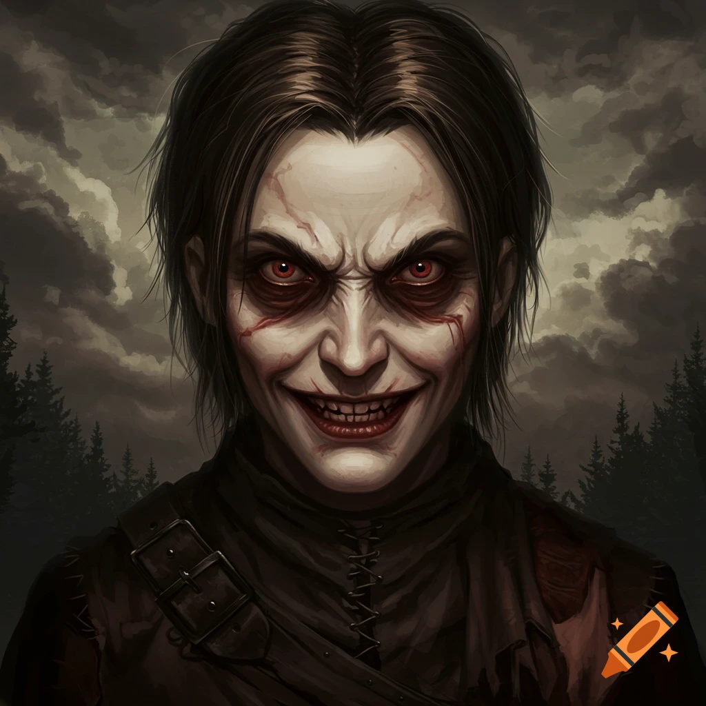 Close-up illustration of a sinister character with red eyes, sharp ...