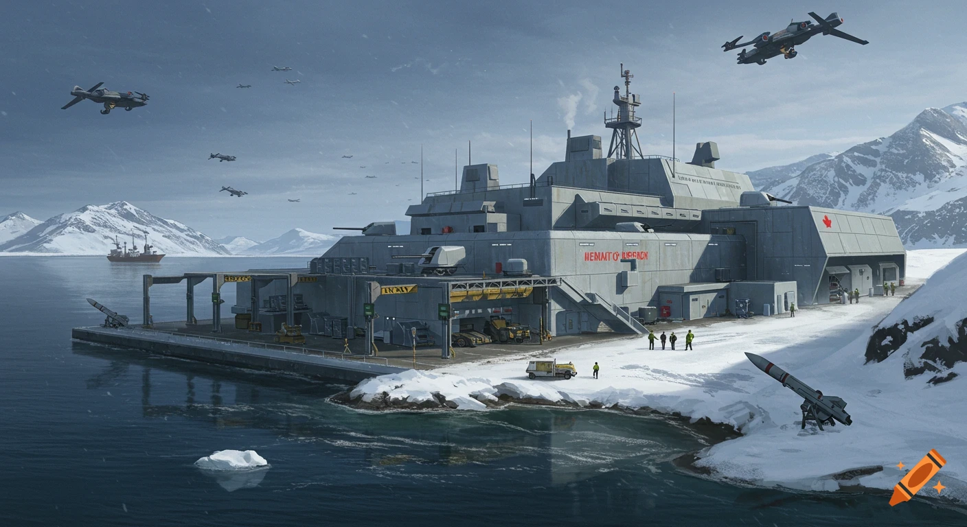 Military base in arctic port with ships, aircraft, and missiles in a ...