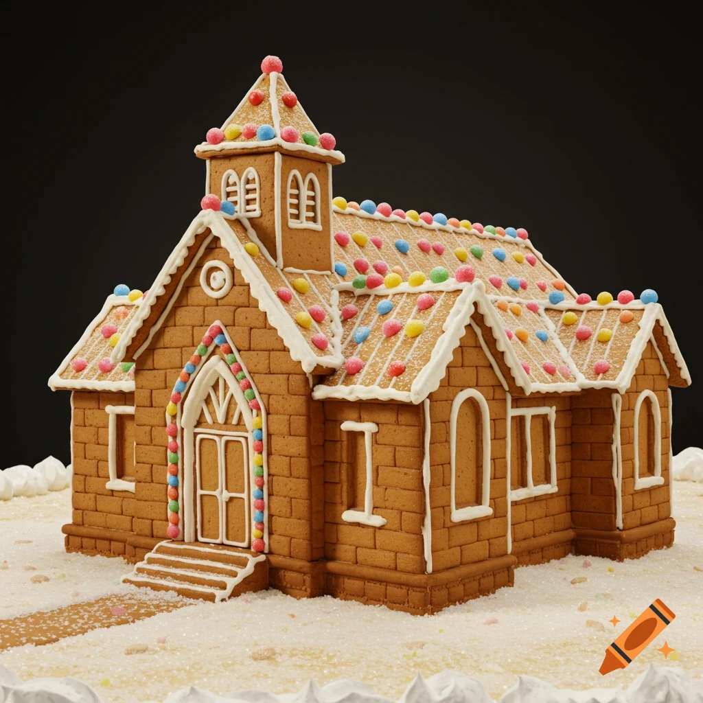 A festive gingerbread church decorated with white icing and colorful ...