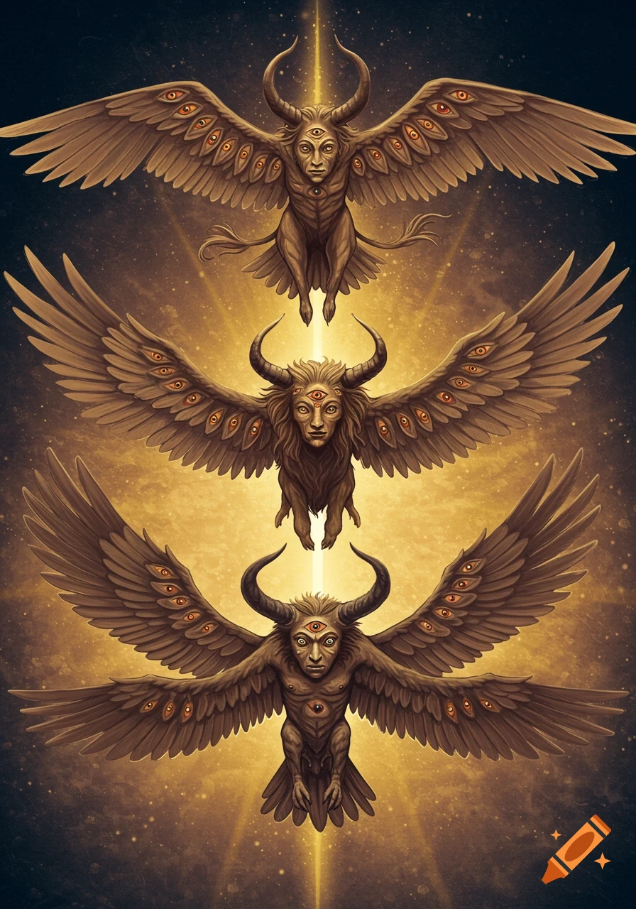 Three mythical winged creatures covered in eyes and horns float in a ...