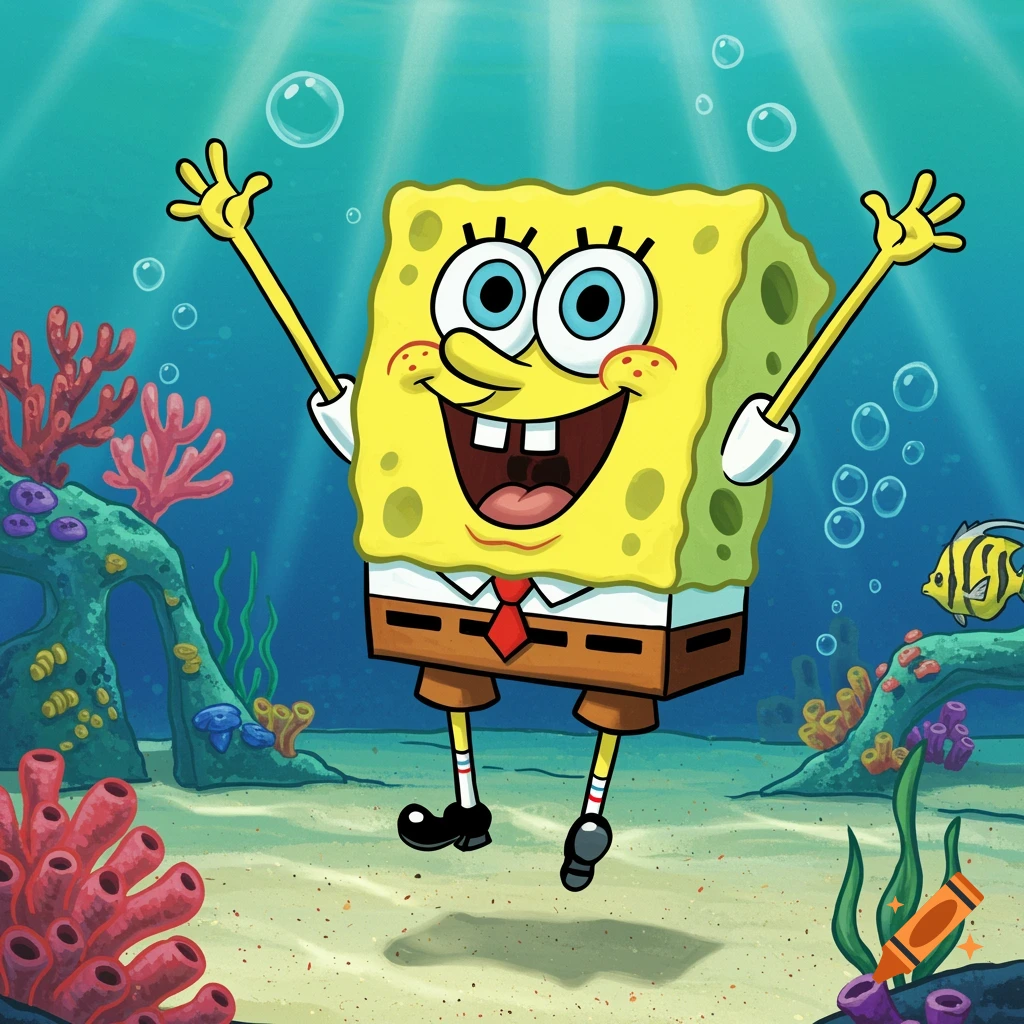 Spongebob Squarepants jumps underwater with arms raised. on Craiyon