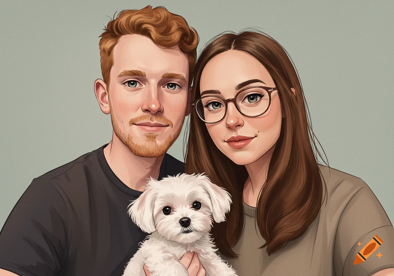 Cartoon portrait of a couple with their small white dog on Craiyon