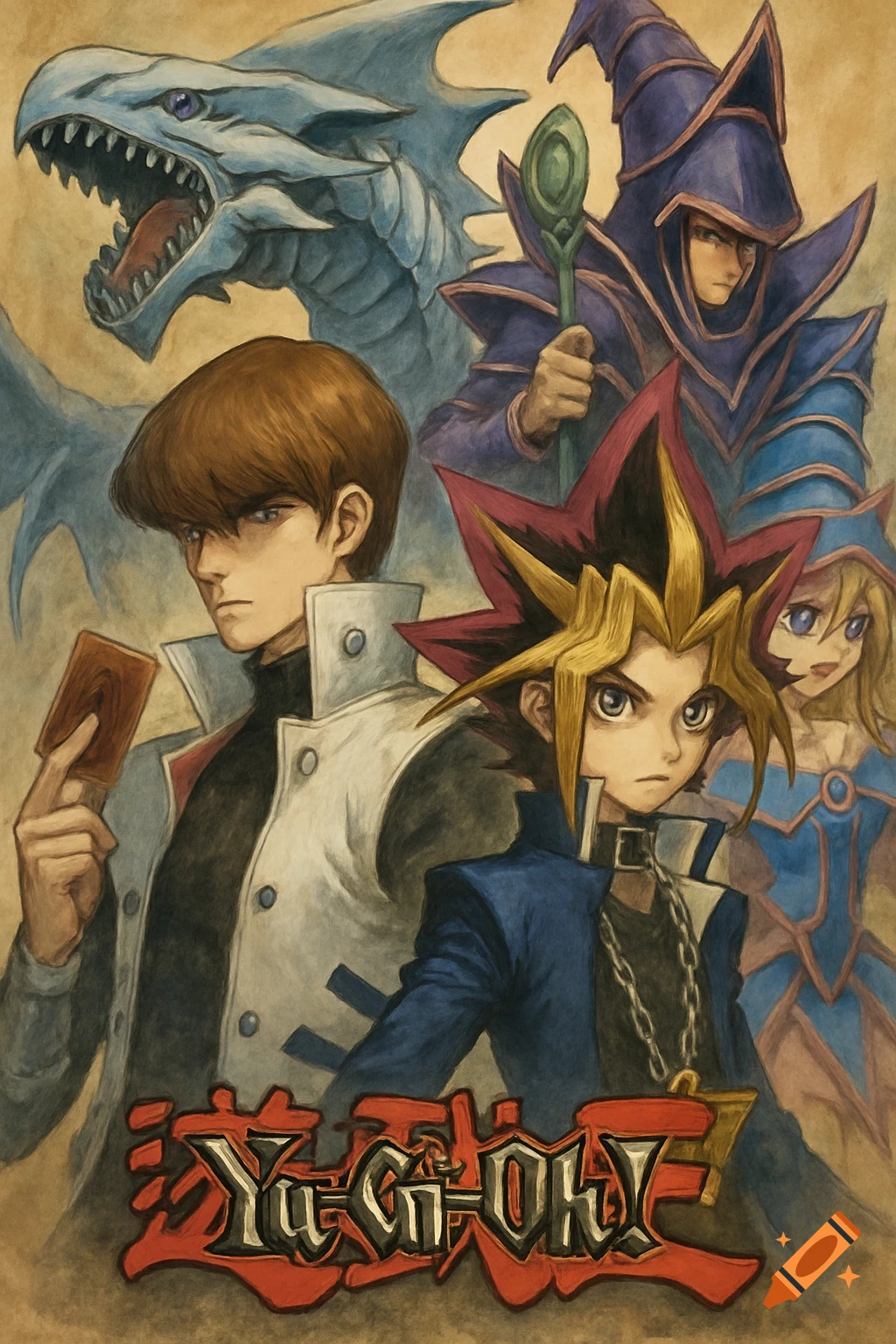 An anime illustration in a traditional art style featuring Yugi and ...