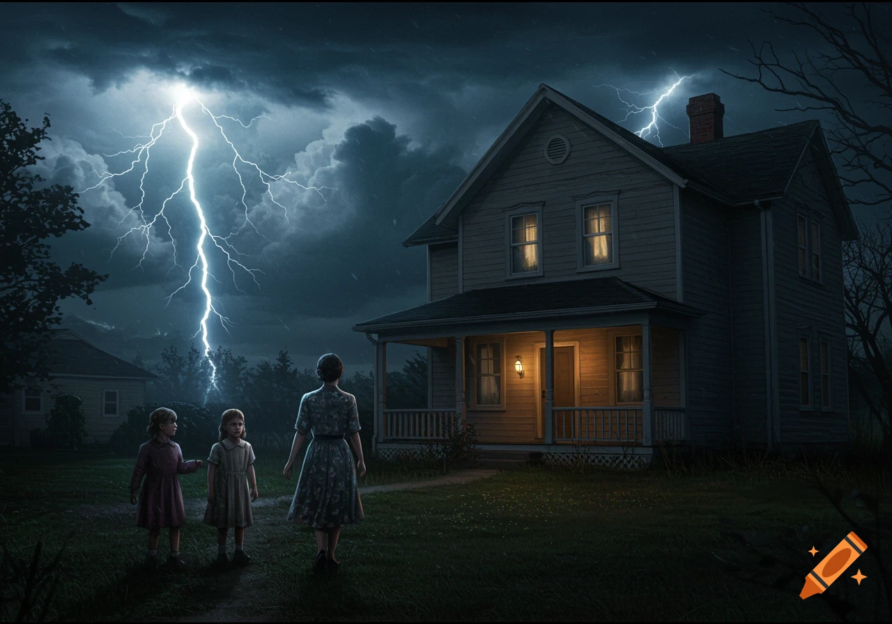 Family stands outside a house at night during a lightning storm ...