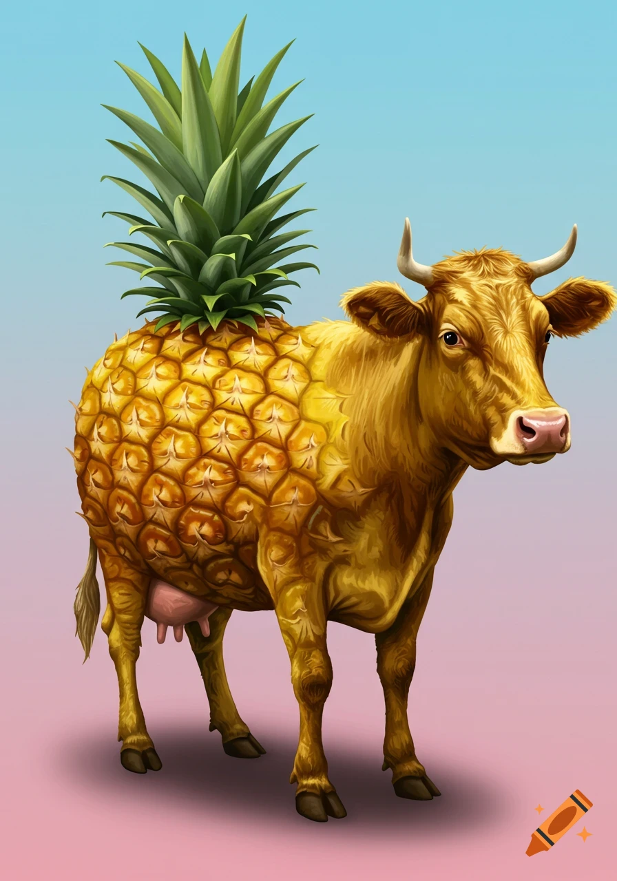 Illustration of a cow with a pineapple body and leaves on its back on ...